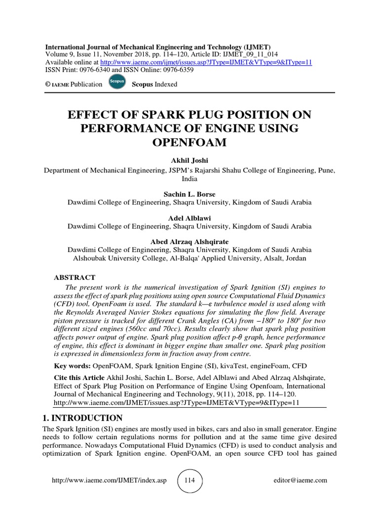 Effect of Spark Plug Position On Performance of Engine Using Openfoam | PDF | Computational ...