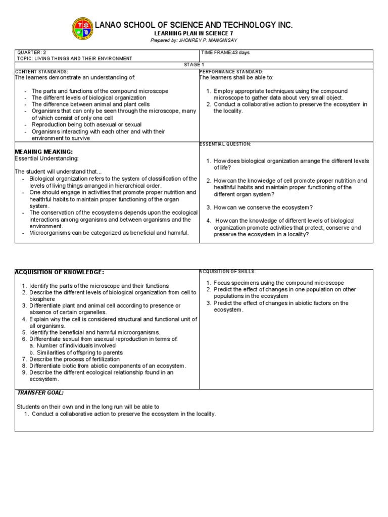 Science 7 Learning Plan: Ecosystems & Cells | PDF | Environmental ...