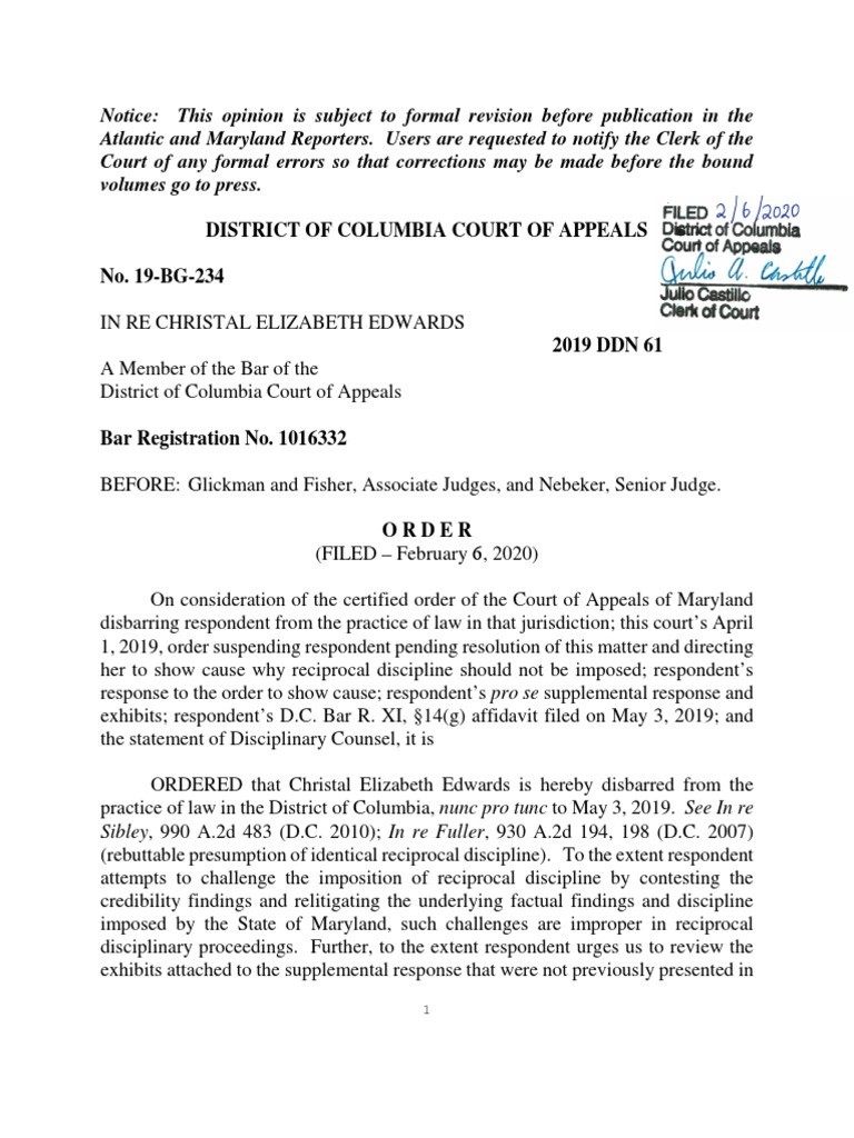Disbarment of Christal Edwards in D.C. | PDF | Disbarment | Evidence