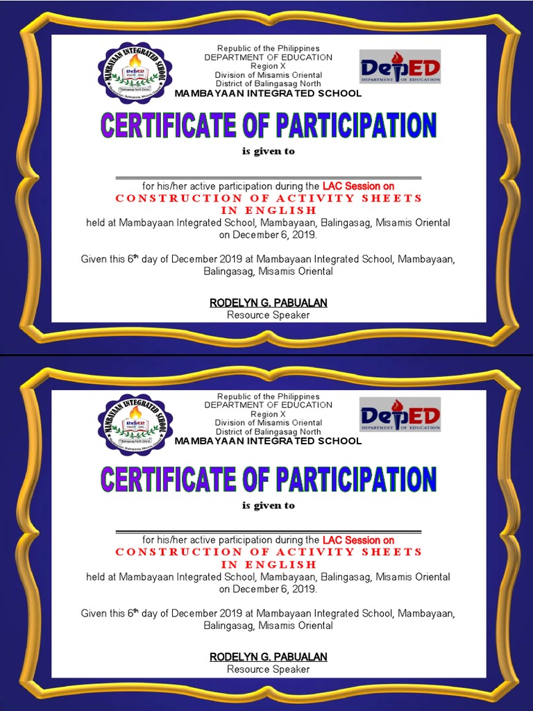 LAC Session Participation Certificate | PDF | Philippines