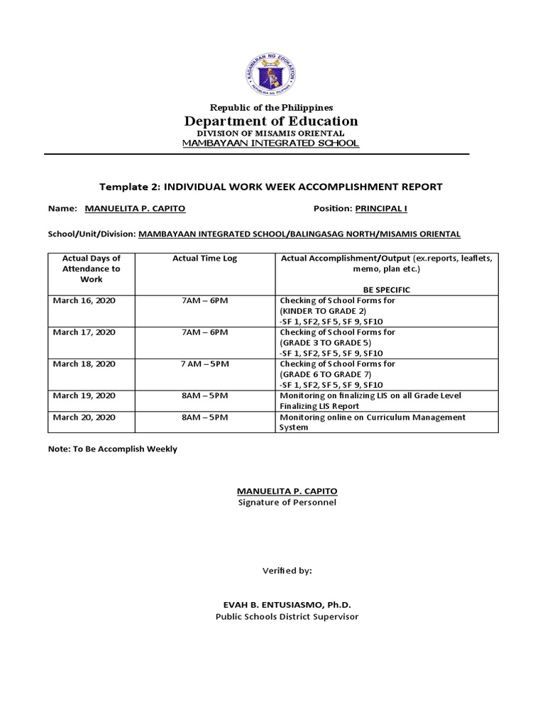 Department of Education: Template 2: Individual Work Week ...
