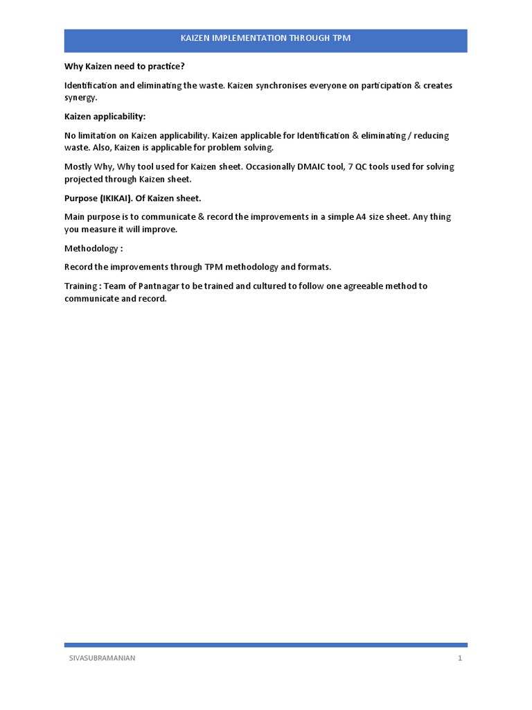 KAIZEN IMPLEMENTATION Through TPM | PDF | Business