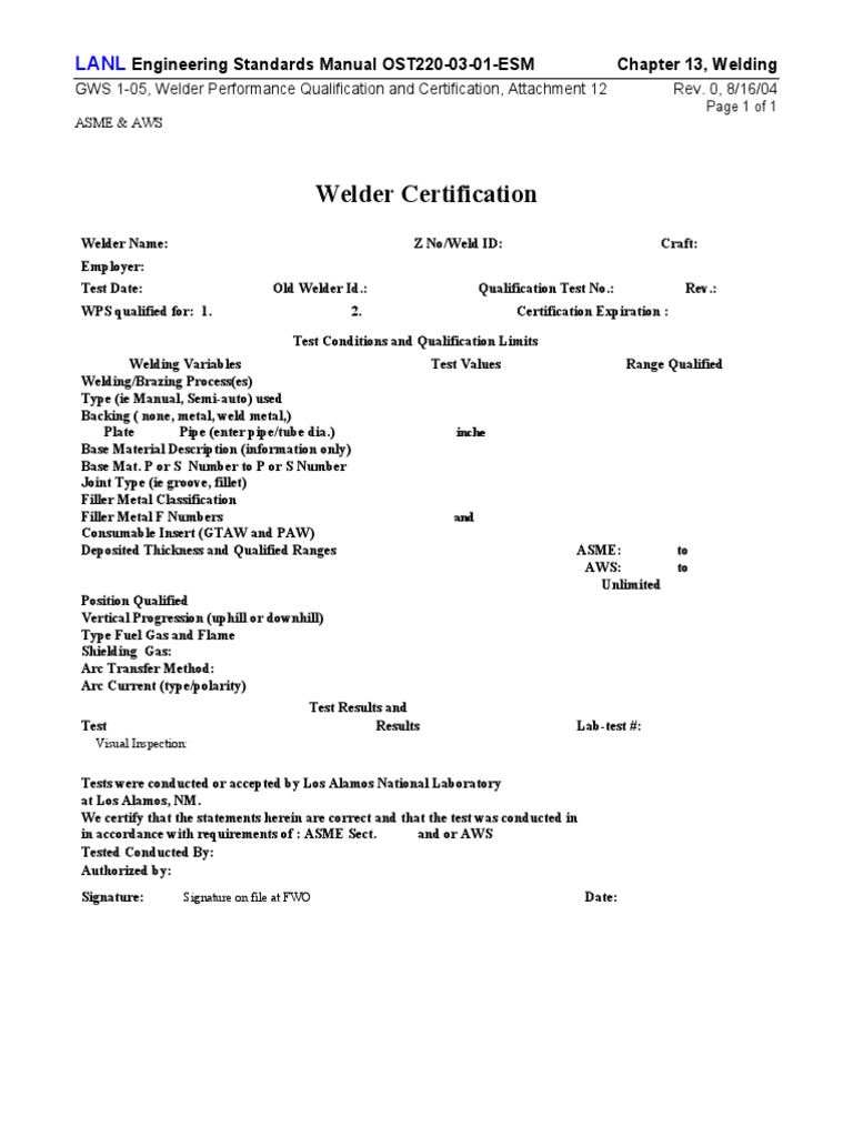 Welder Certification: Engineering Standards Manual OST220-03-01-ESM ...