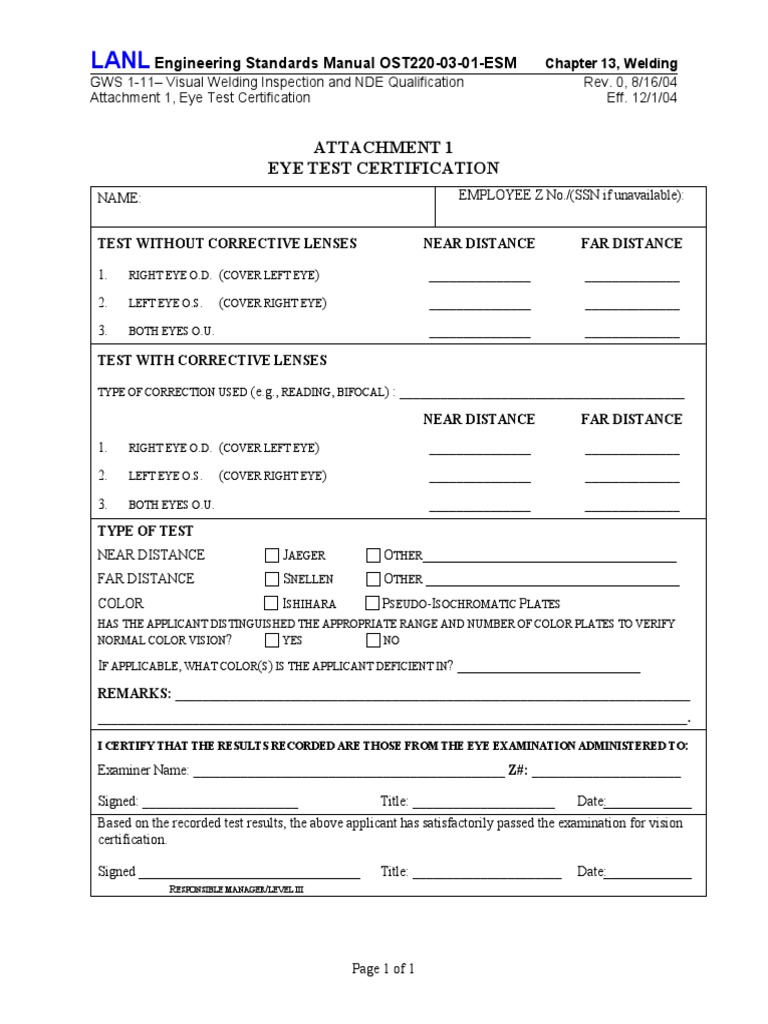 Attachment 1 EYE Test Certification: Engineering Standards Manual ...