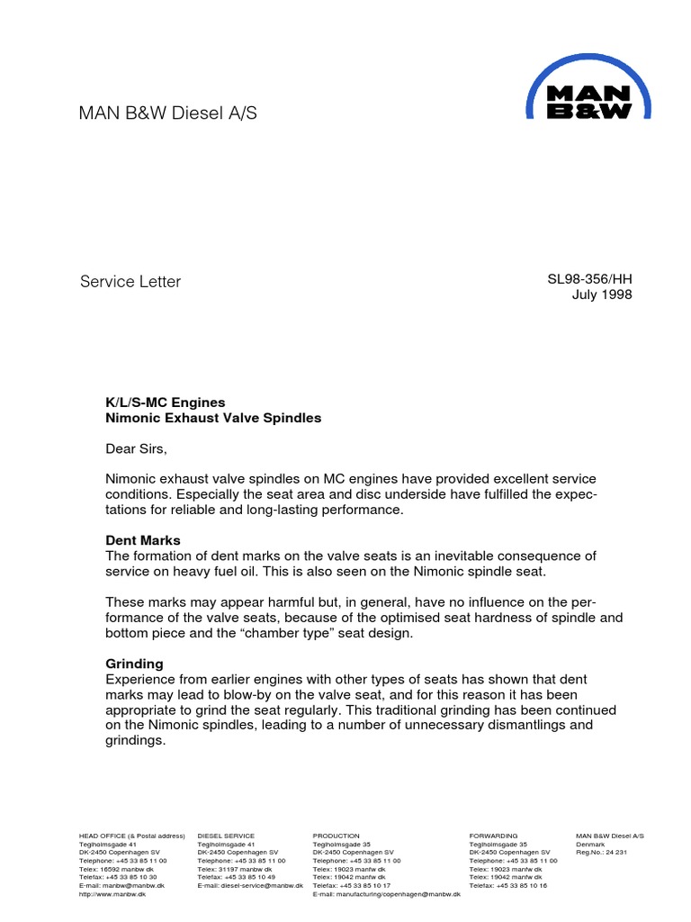 SL98 356 B W Service Letter PDF | PDF | Valve | Diesel Engine