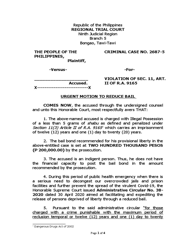 Motion To Reduce Bail | PDF