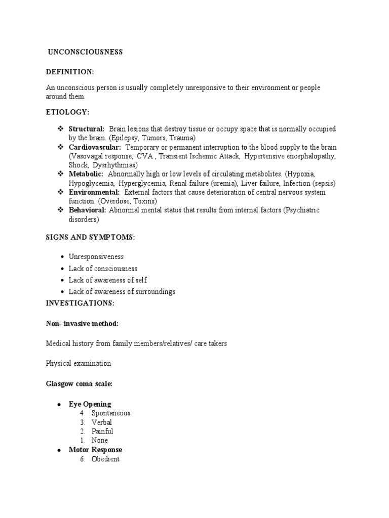 Unconsciousness Definition | PDF | Coma | Medical Specialties