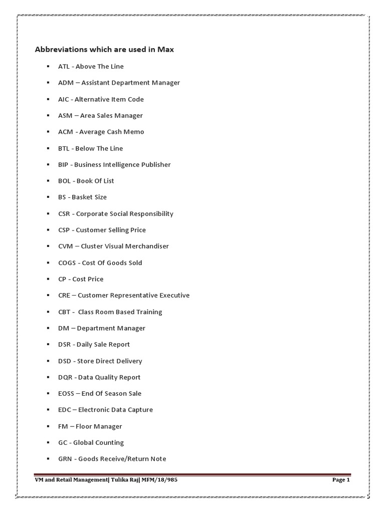 Abbreviations Which Are Used in Max: VM and Retail Management - Tulika ...