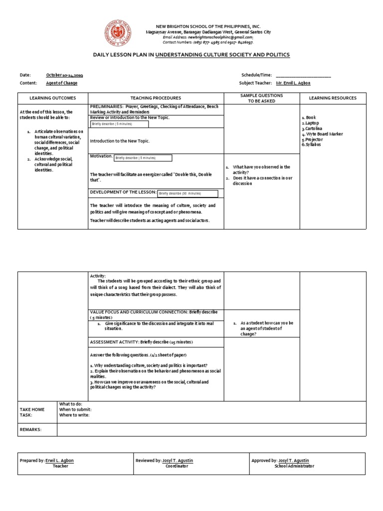 Daily Lesson Plan in Understanding Culture Society and Politics | PDF ...