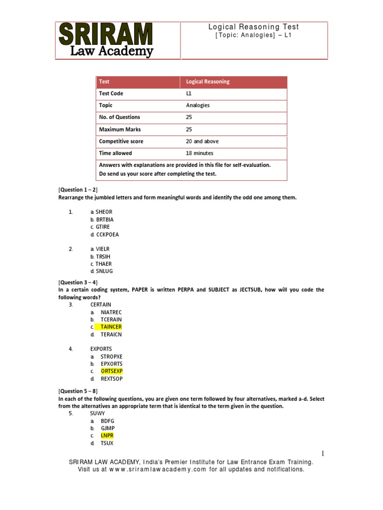 Logical Reasoning Test | PDF | Analogy | Teaching Mathematics
