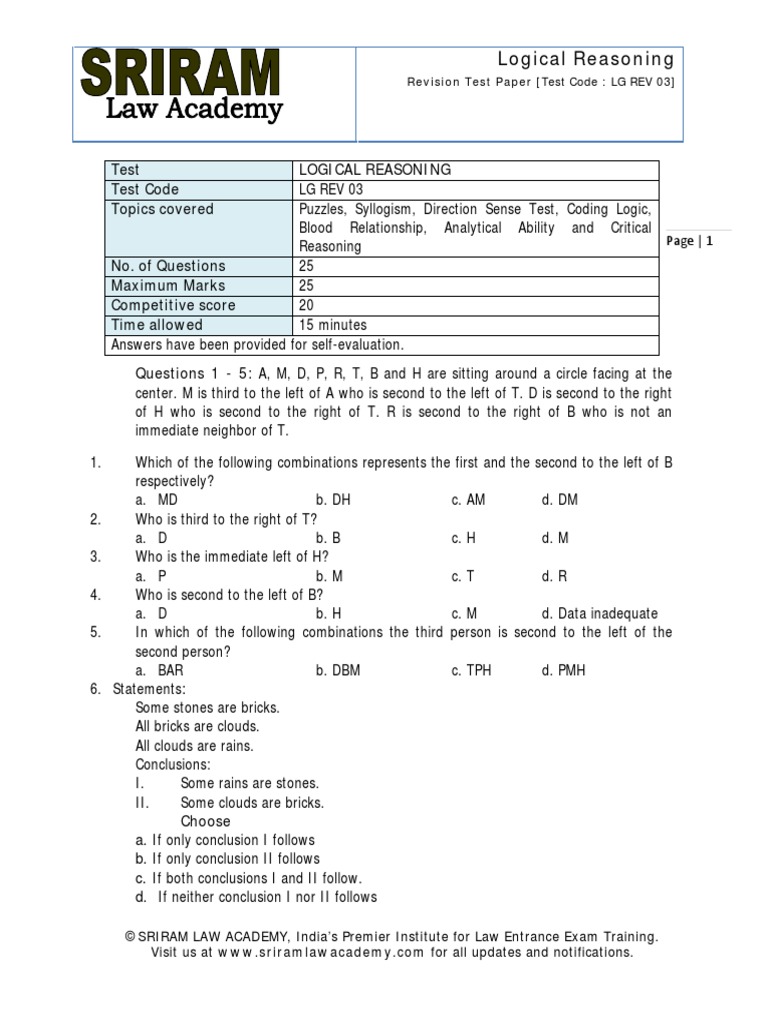 Test Logical Reasoning Test Code Topics Covered | PDF