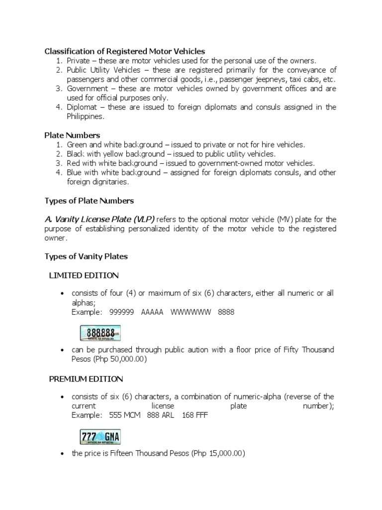 Classification of Motor Vehicles and Plate Numbers | PDF | Vehicles ...