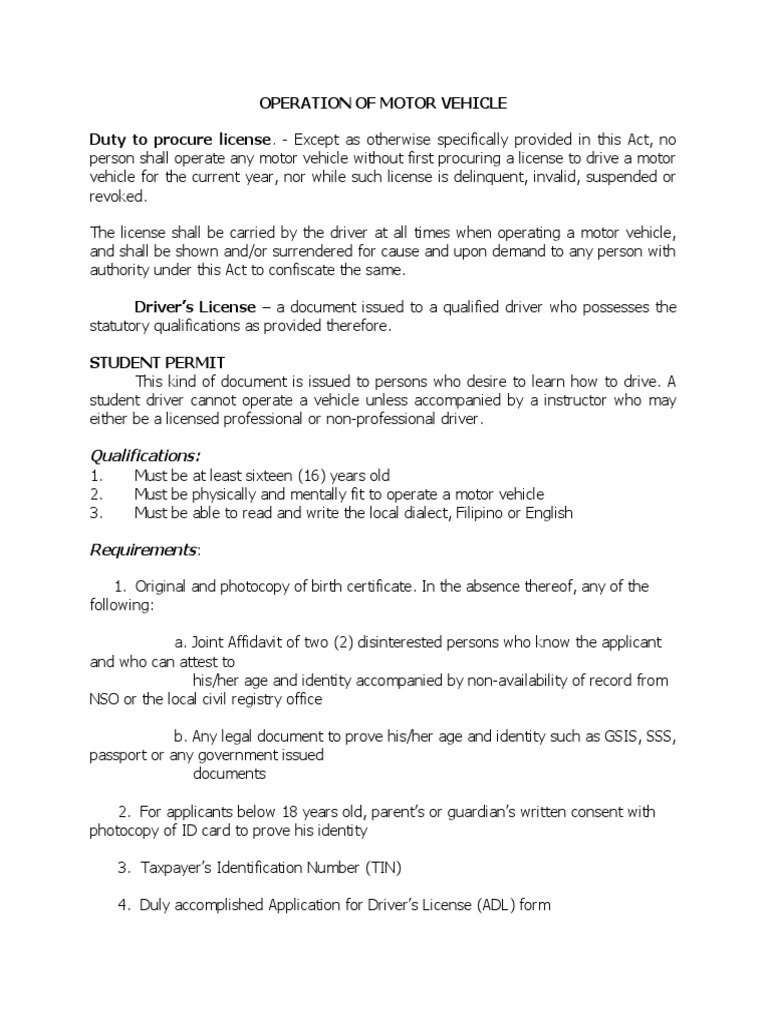 Requirements For Operation of Motor Vehicle | Download Free PDF ...