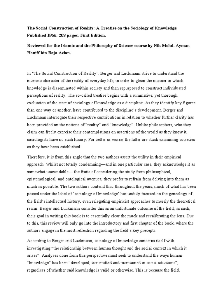 The Social Construction of Reality Book Review | PDF | Reality | Sociology
