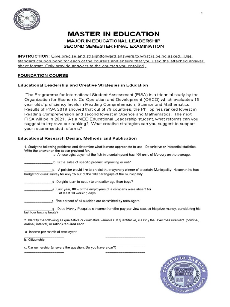 Master in Education: Major in Educational Leadership Second Semester ...