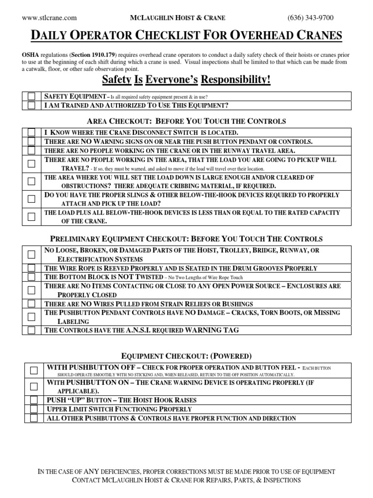 Daily Crane Operator Inspection Checklist PDF | PDF