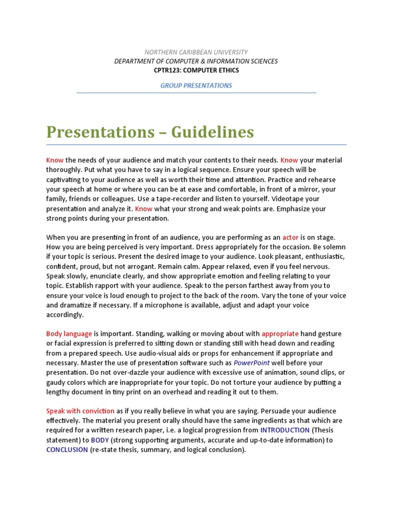 Presentations - Guidelines: Know Know | PDF | Body Language | Psychological Concepts