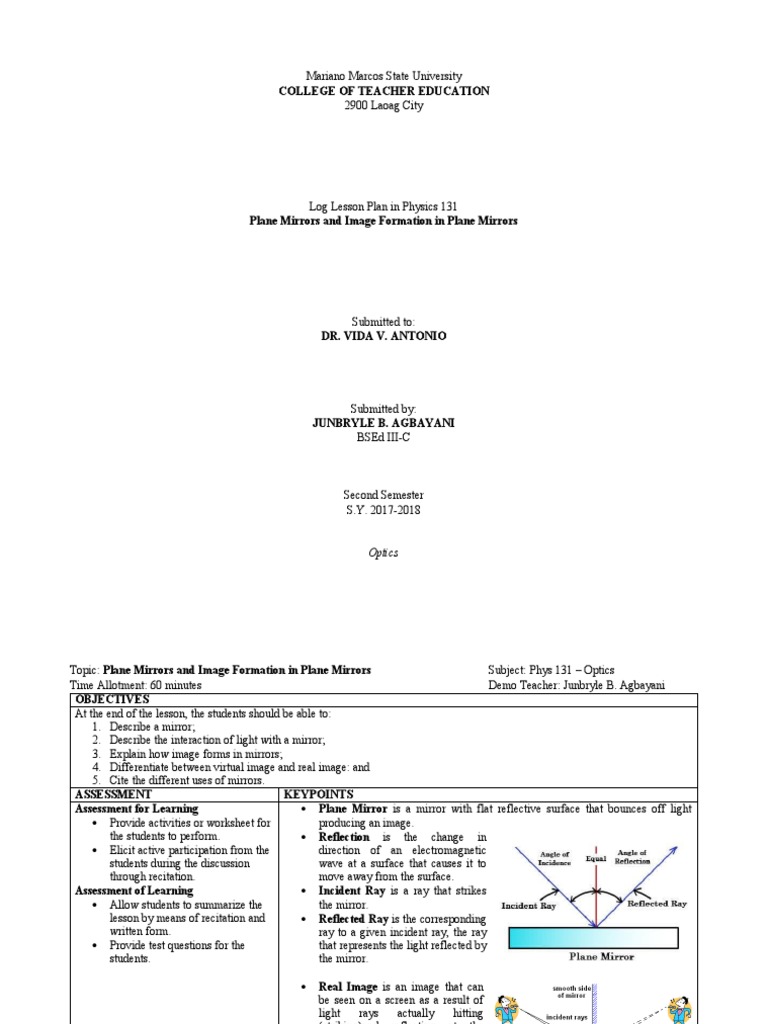 LESSON PLAN-Plane Mirrors and Image Formation in Plane Mirrors | PDF ...