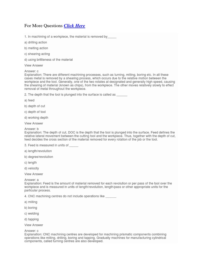 Mcq On Cnc Machine Pdf Machining Numerical Control