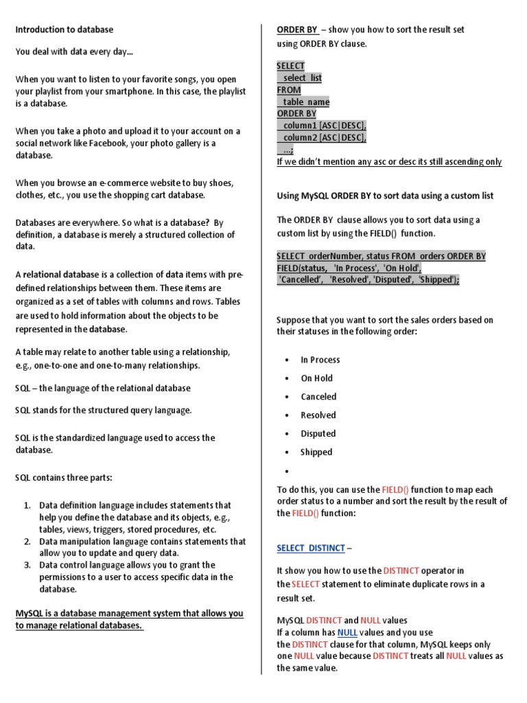 Database sorting and filtering with ORDER BY, DISTINCT, GROUP BY, JOIN ...