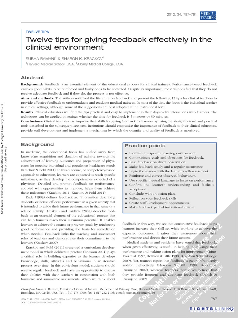 Giving Feedback Effectively in The Clinical Environment | PDF | Medical ...