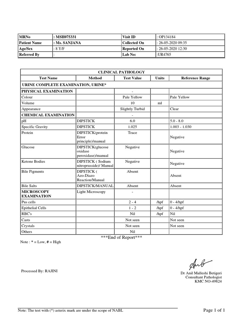 Clinical Pathology Test Name Method Test Value Units Reference Range ...