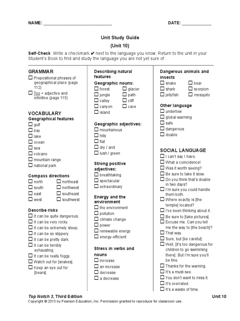 Unit Study Guide (Unit 10) : Student's Book To Find and Study The ...