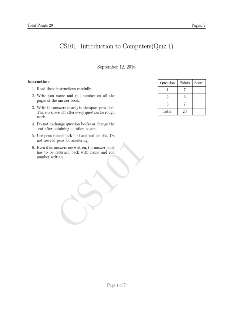 CS101: Introduction To Computers (Quiz 1) : September 12, 2016 | PDF | Computer Programming ...