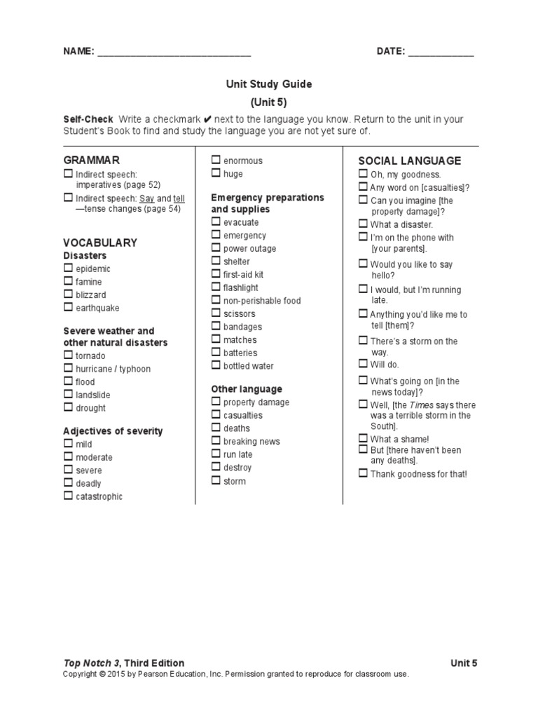 Unit Study Guide (Unit 5) : Student's Book To Find and Study The ...