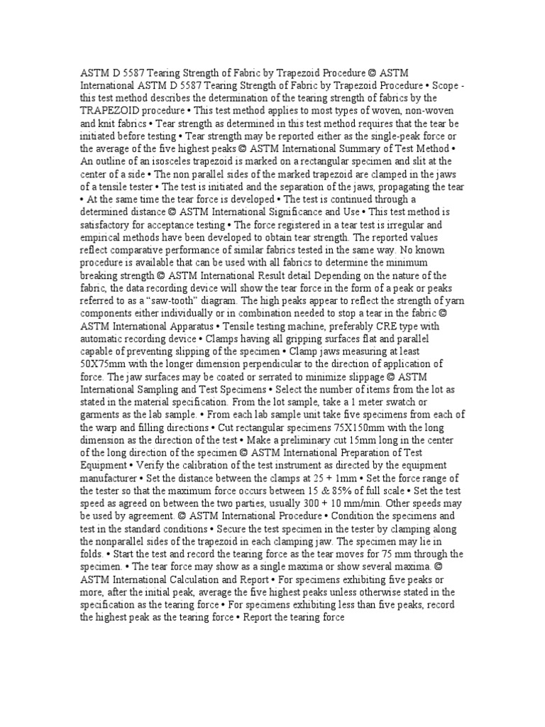ASTM D 5587 Tearing Strength of Fabric | PDF | Textiles | Applied And ...