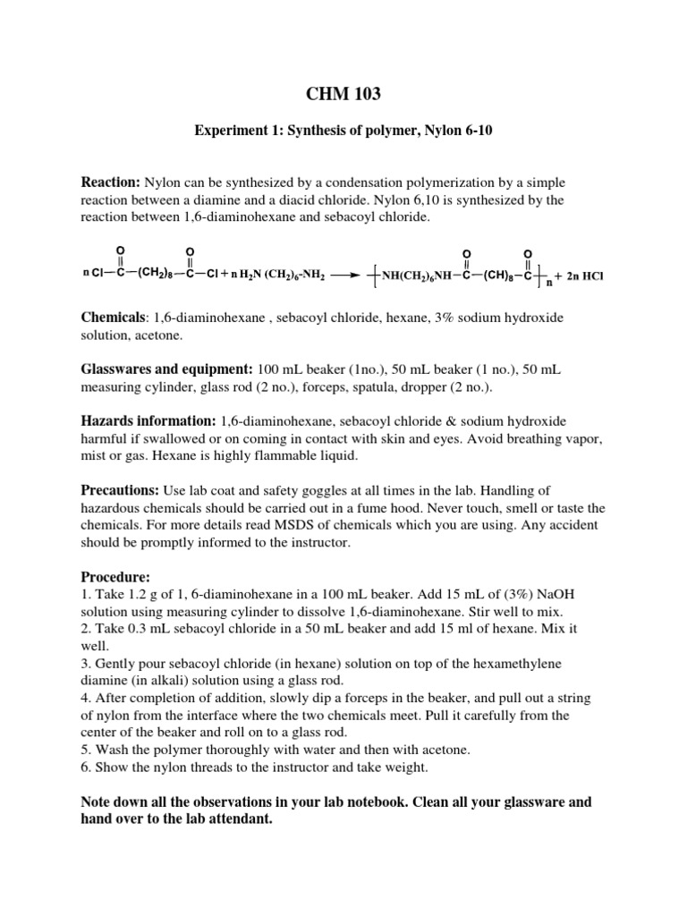 Synthesis of Nylon 6-10 Experiment | PDF | Science & Mathematics