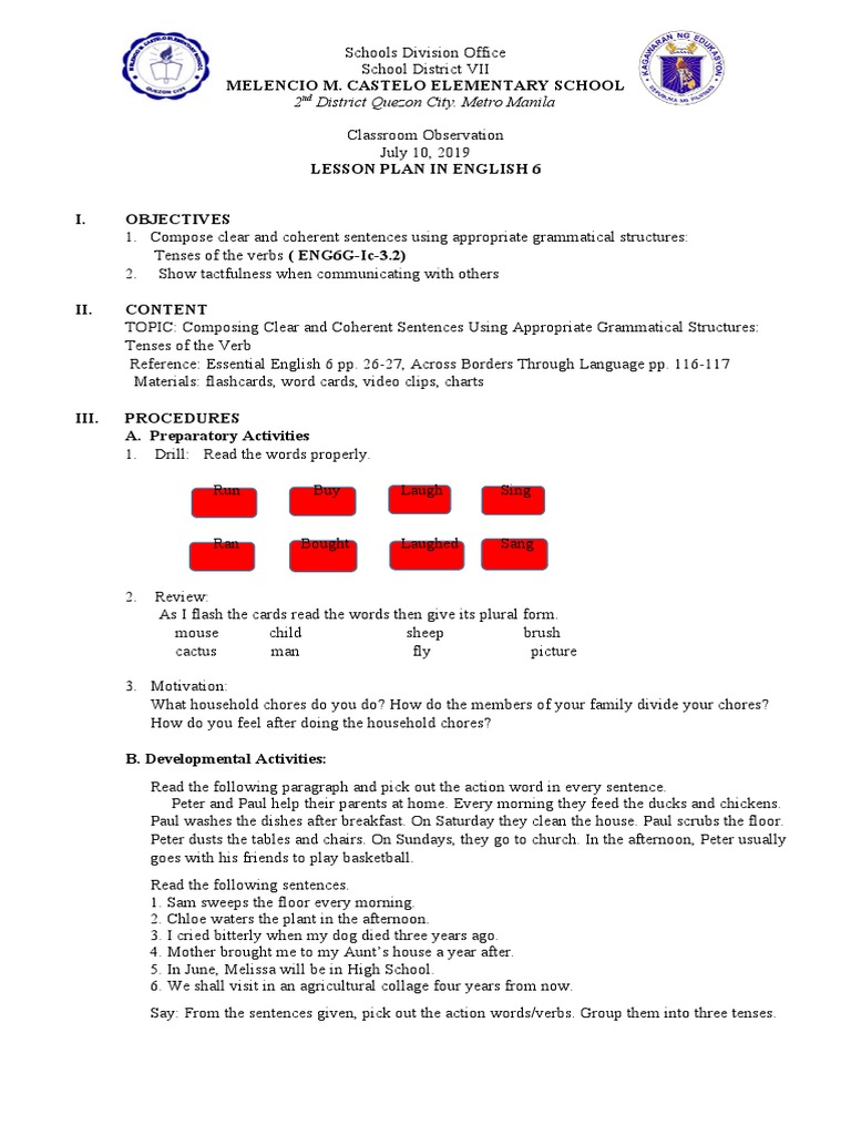 DEmo Lesson Plan 1st Quarter | PDF | Grammatical Tense | Verb
