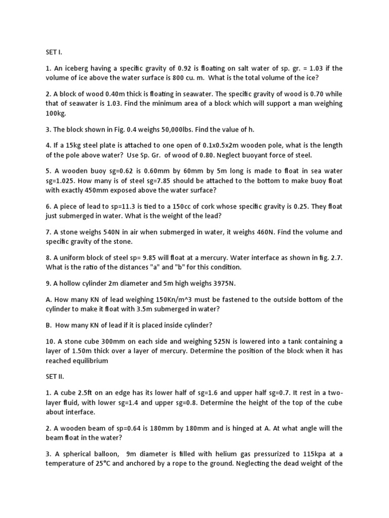 Fluid Problem Set | PDF | Buoyancy | Weight