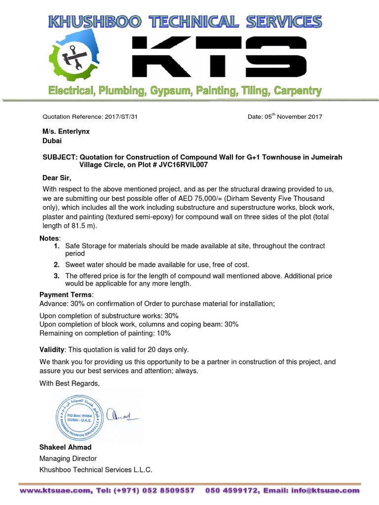 KTS Quotation JVC Townhouse Compound Wall | PDF