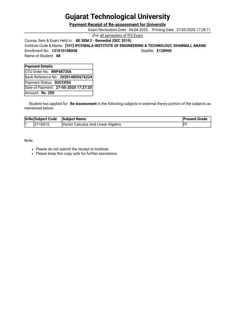 GTU Payment Receipt for Re-assessment | PDF