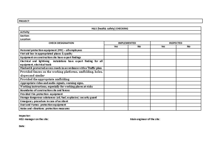 H&S Checking Form | PDF