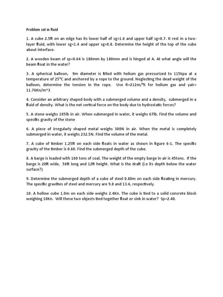 Fluid Mechanics Problem Set: Determining Forces, Volumes, and Depths for Objects Submerged in ...