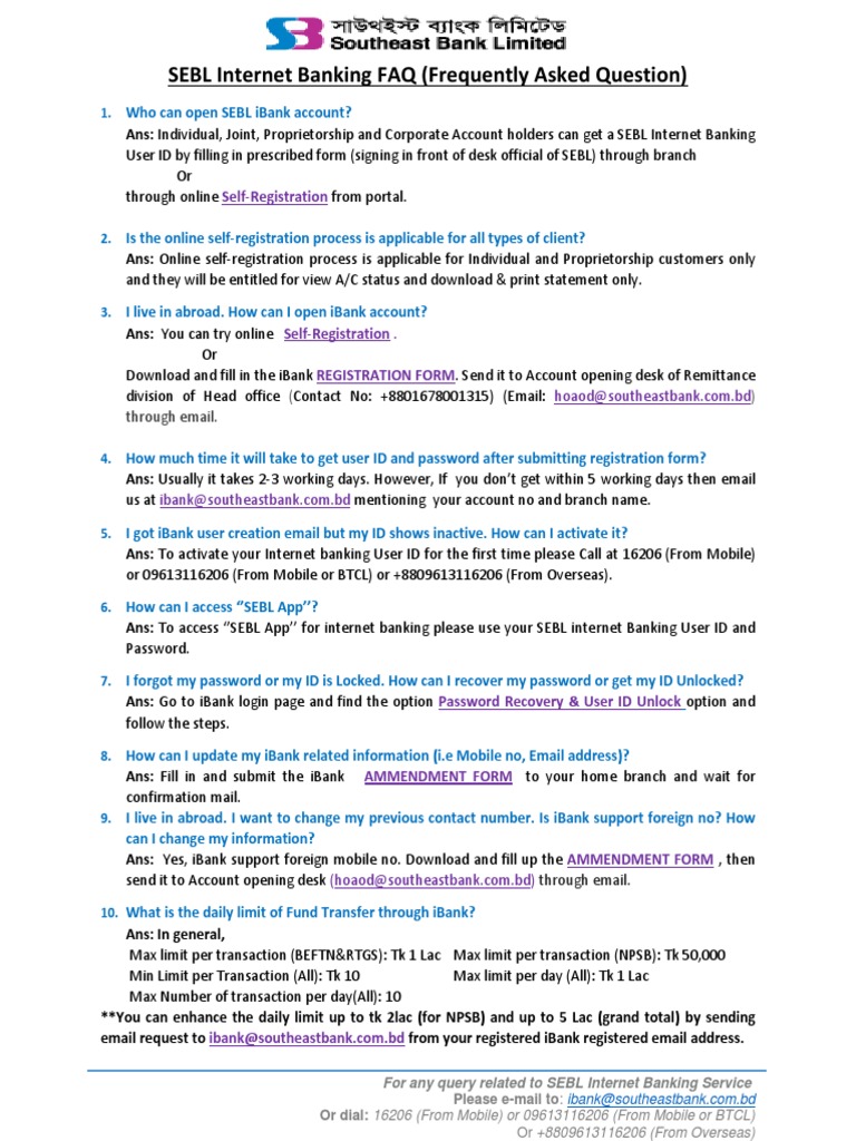 SEBL Internet Banking FAQ (Frequently Asked Question) : Self ...