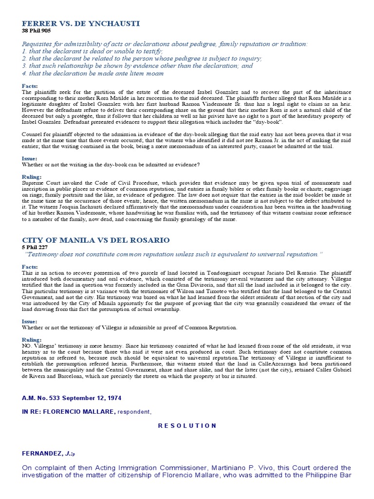 Ferrer vs. de Ynchausti: Facts | PDF | Testimony | Evidence