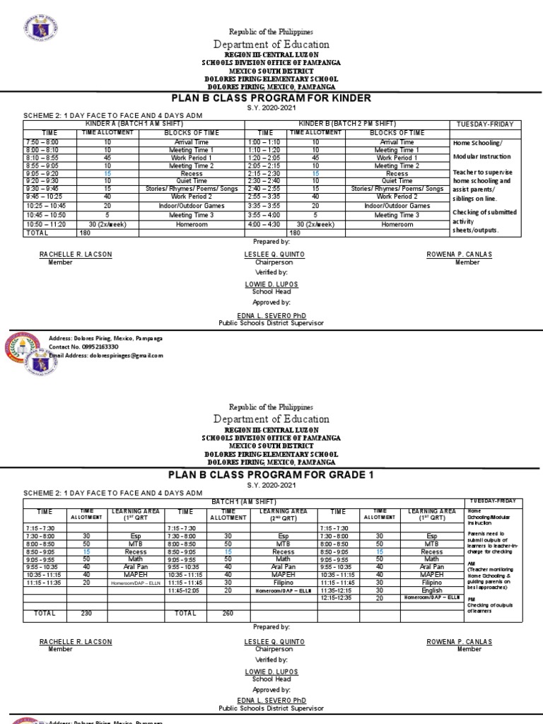 Department of Educa: Plan B Class Program For Kinder | PDF | Educational Organizations ...