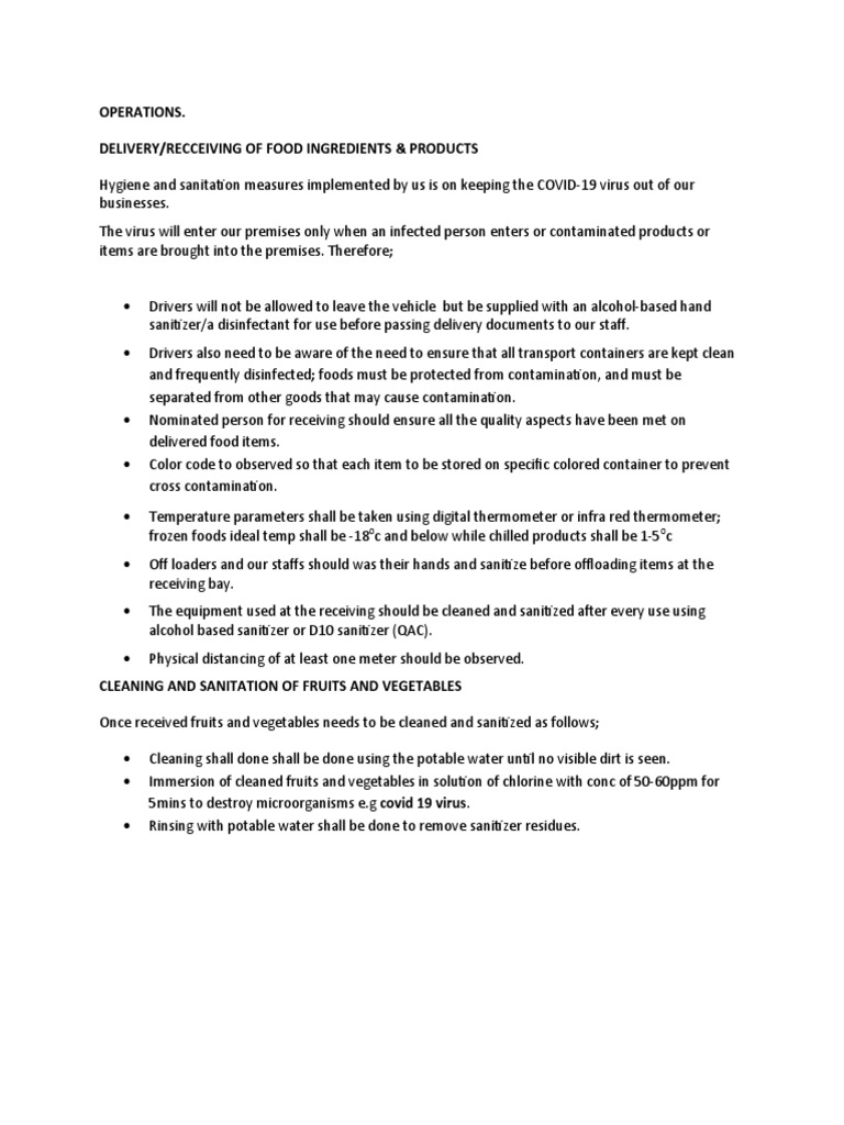 Operations. Delivery/Recceiving of Food Ingredients & Products | PDF ...