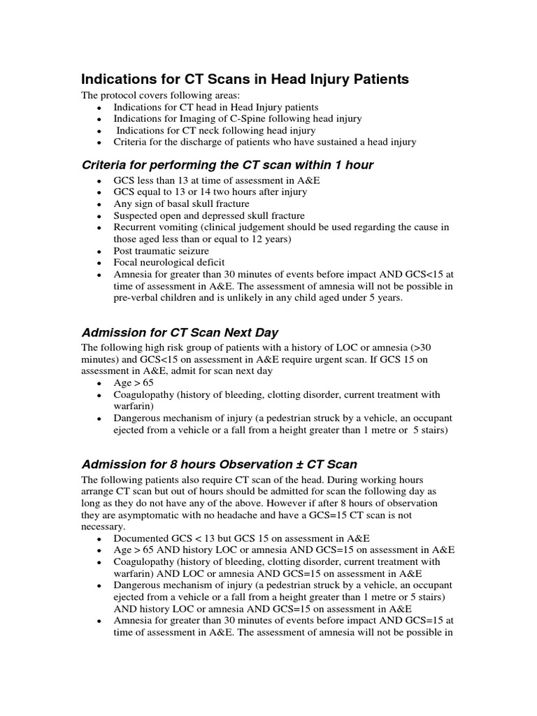 Indications For CT Brain or Neck in Head Injuries | PDF | Ct Scan ...