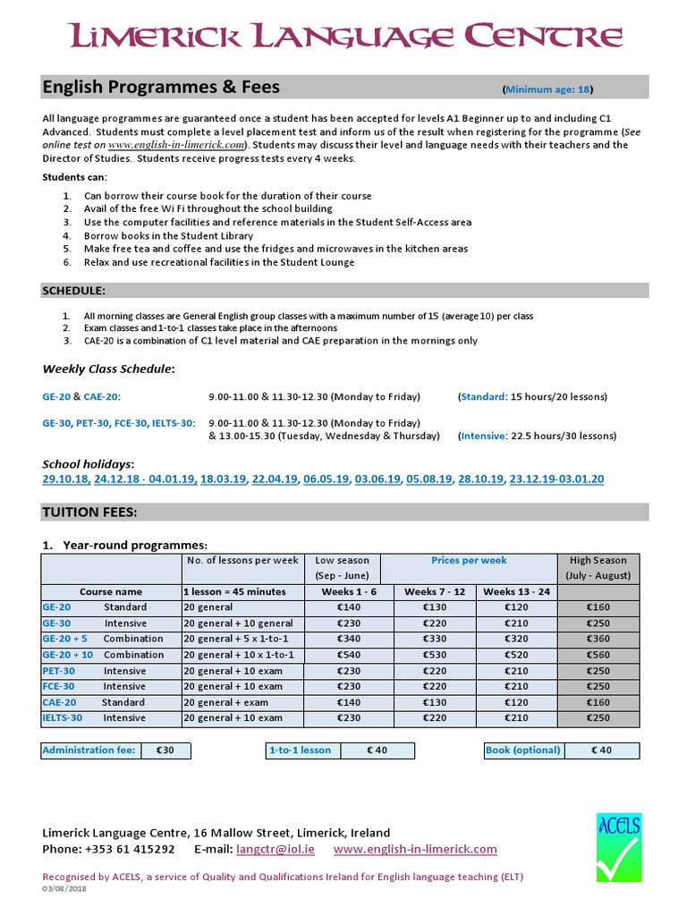 English Programmes & Fees: Schedule | PDF | International English ...