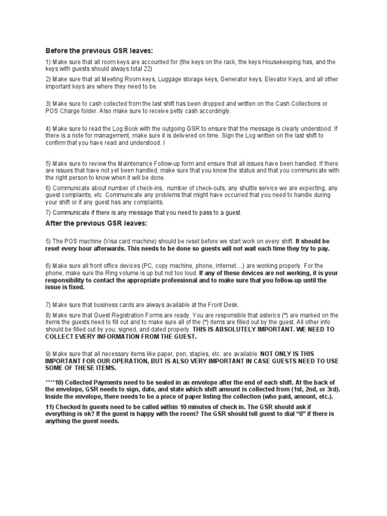 Front Desk Checklist | PDF | Business