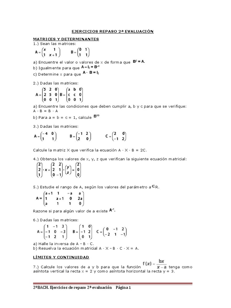 2ºBACH Ejercicios Repaso 2 EVAL Soluciones PDF | PDF | Determinante | Matriz (Matemáticas)