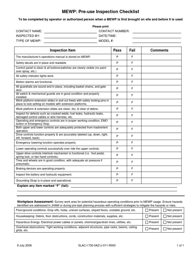 MEWP: Pre-Use Inspection Checklist: Inspection Item Pass Fail Comments ...