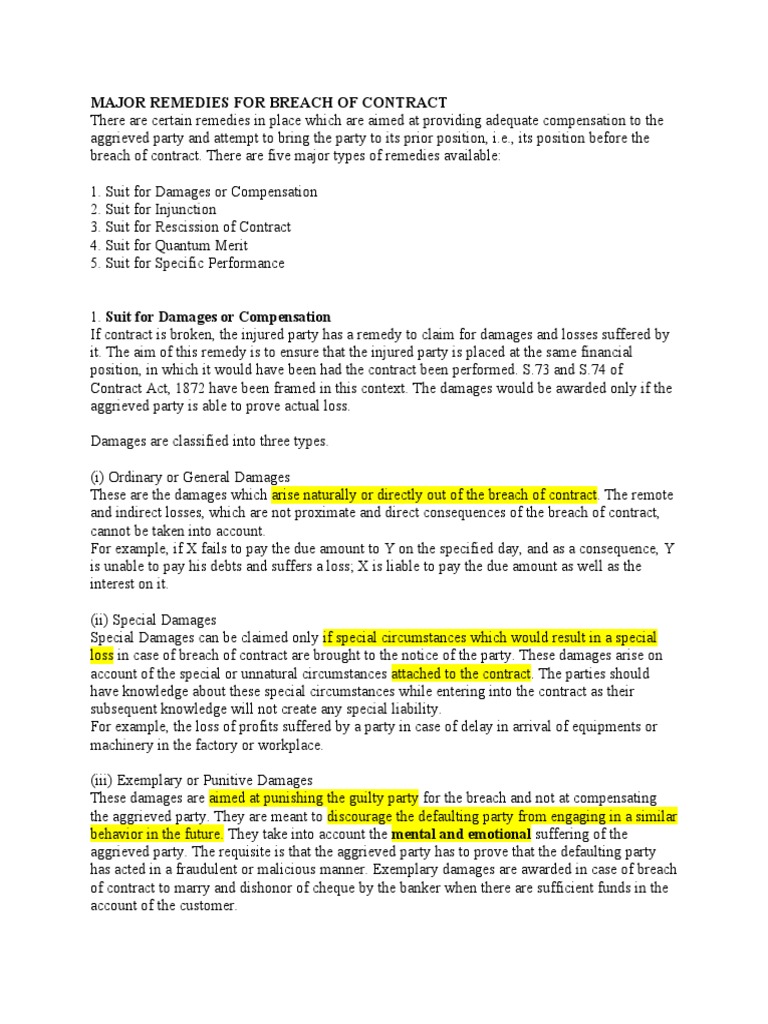 Remedies For Breach of Contract | PDF | Legal Remedy | Specific Performance