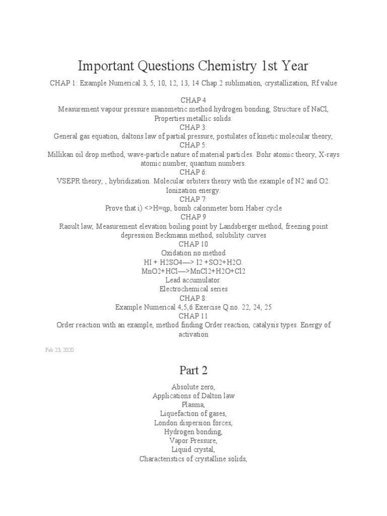 Important Chemistry 1st Year Questions | PDF | Chemical Reactions | Solid