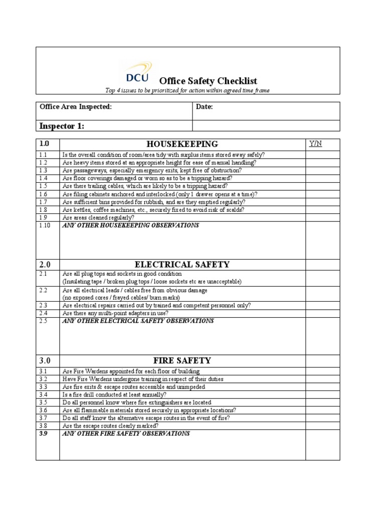 Office Safety Checklist: Inspector 1: Housekeeping | PDF | Chair | Fire ...