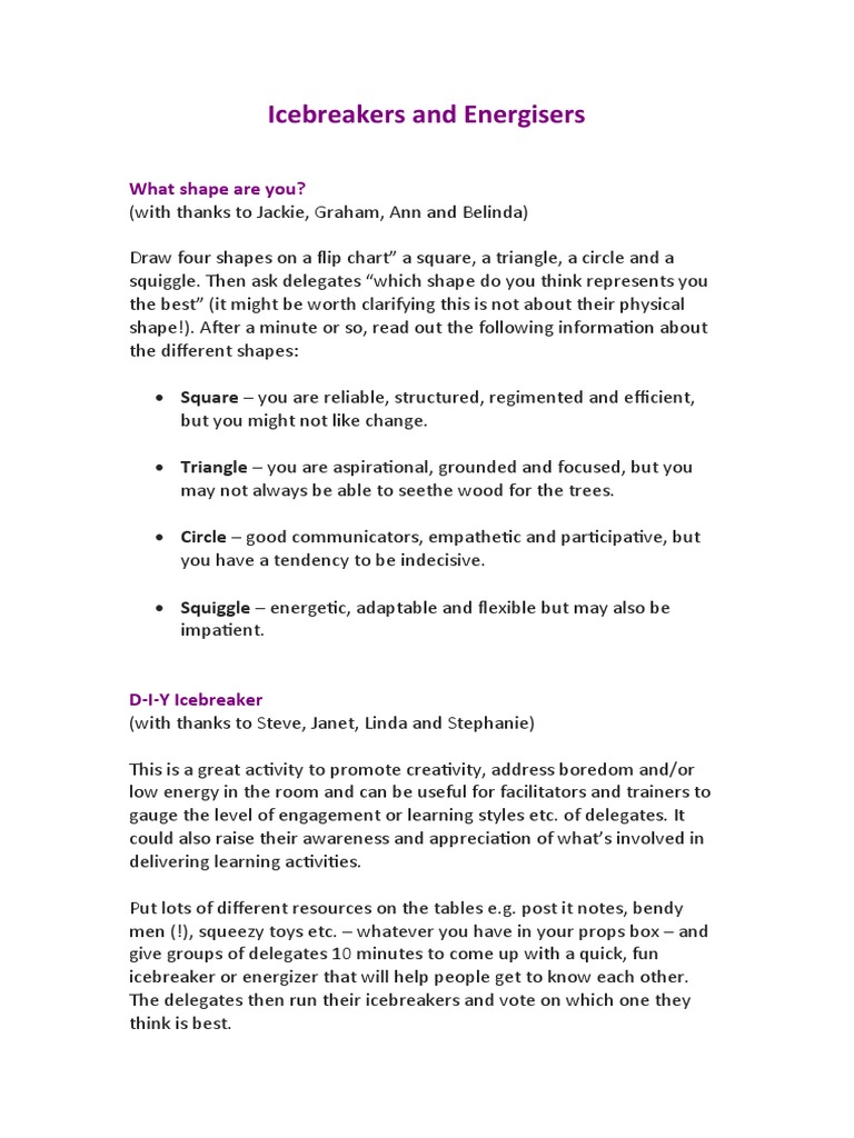Icebreakers and Energisers: What Shape Are You? | PDF | Psychological ...